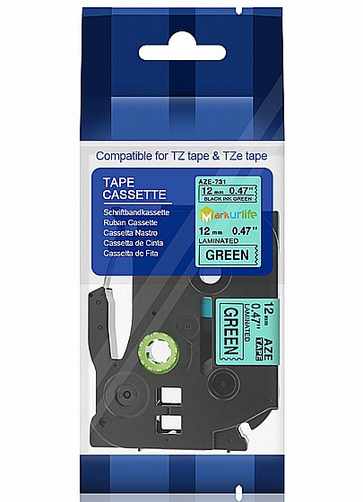 סרט TZe-731 תואם למדפסת מדבקות 12 מ''מ Brother - שחור על גבי ירוק ...